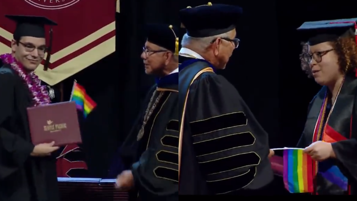 Rector homofóbico recibe banderas LGBT+ en graduación - Seis Franjas Mx